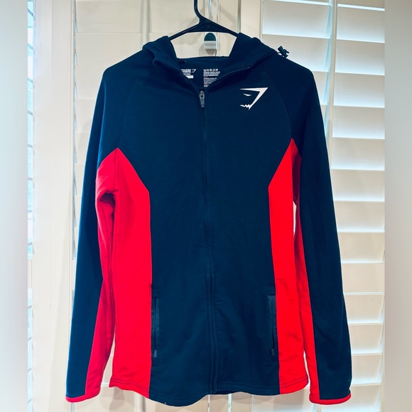 Gymshark | Tops | Gymshark Logo Red Navy Hooded Full Zip Workout Jacket ...